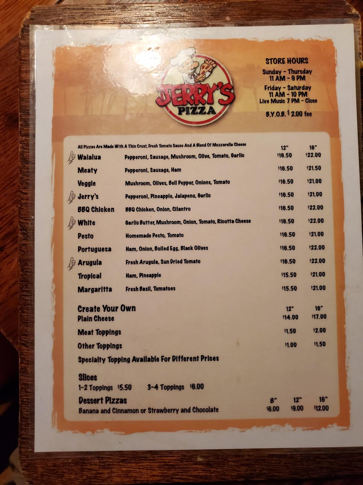 Menu at Jerry's Pizza Mill pizzeria, Waialua