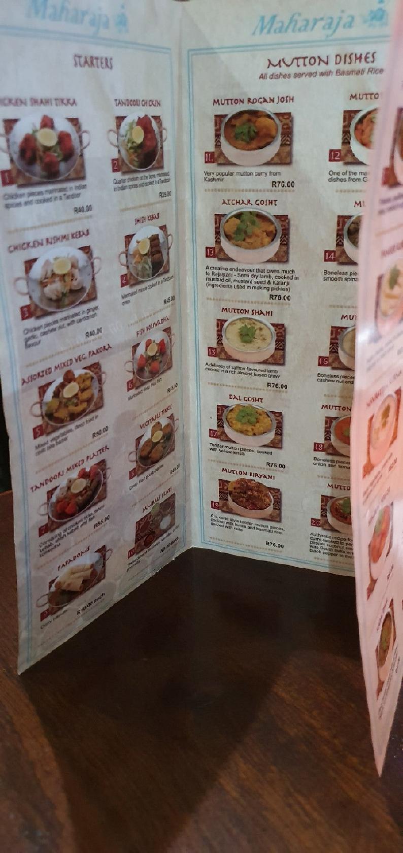 Menu at Maharaja Indian Restaurant, Kempton Park, 18 Reier St