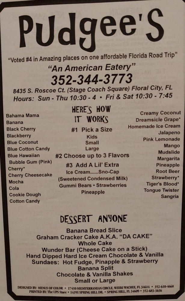 Menu at Pudgee's Eatery and Market restaurant, Floral City