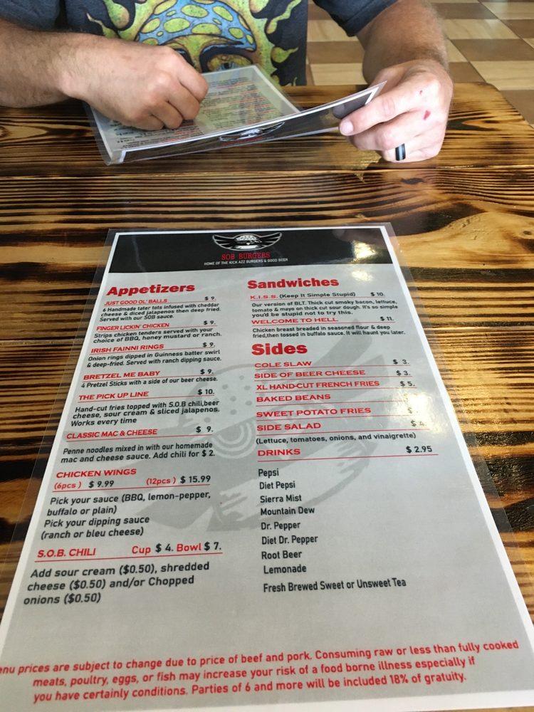 Menu at S.O.B. Burgers pub & bar, Bradenton