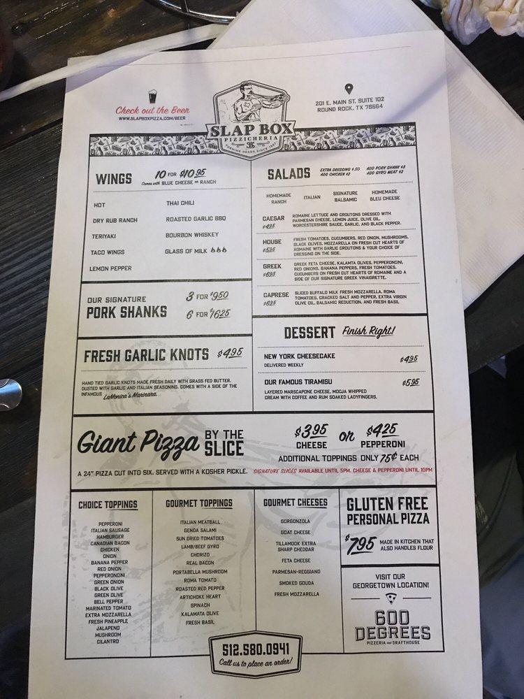 Menu at 600 Degrees Round Rock (Slapbox Round Rock) pub & bar, Round Rock