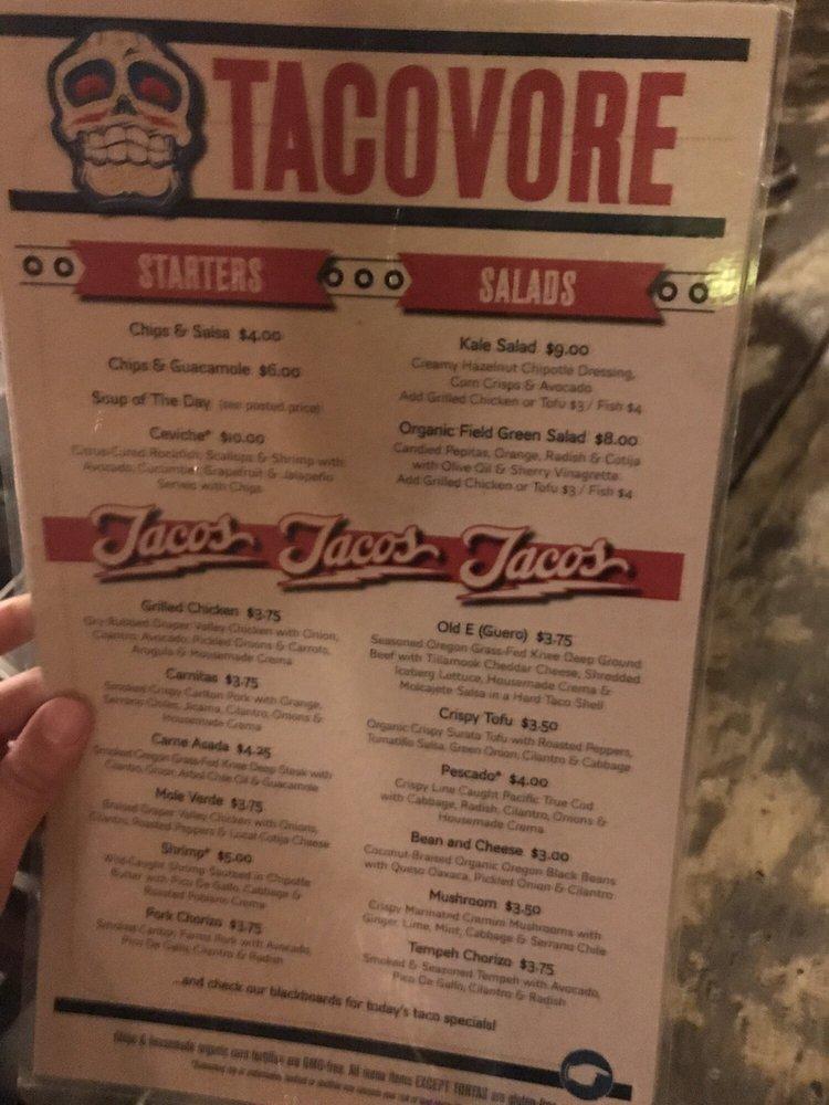 Menu at Tacovore pub & bar, Eugene