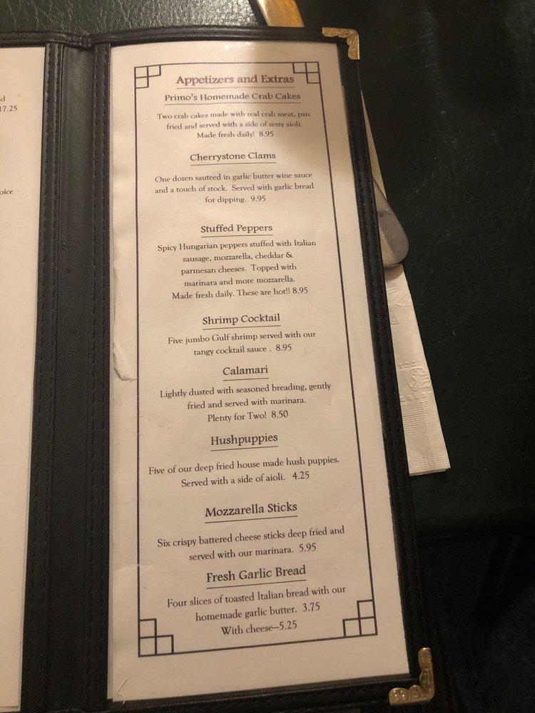 Menu at Uncle Primo's steakhouse, New Philadelphia