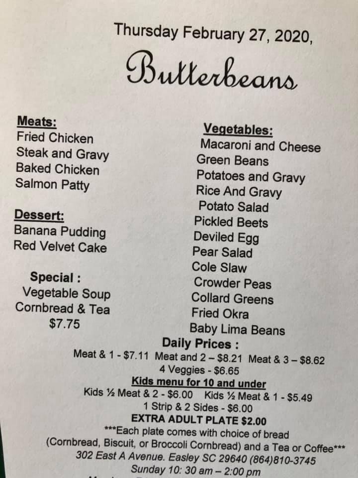 Menu at Butterbeans Restaurant, Easley
