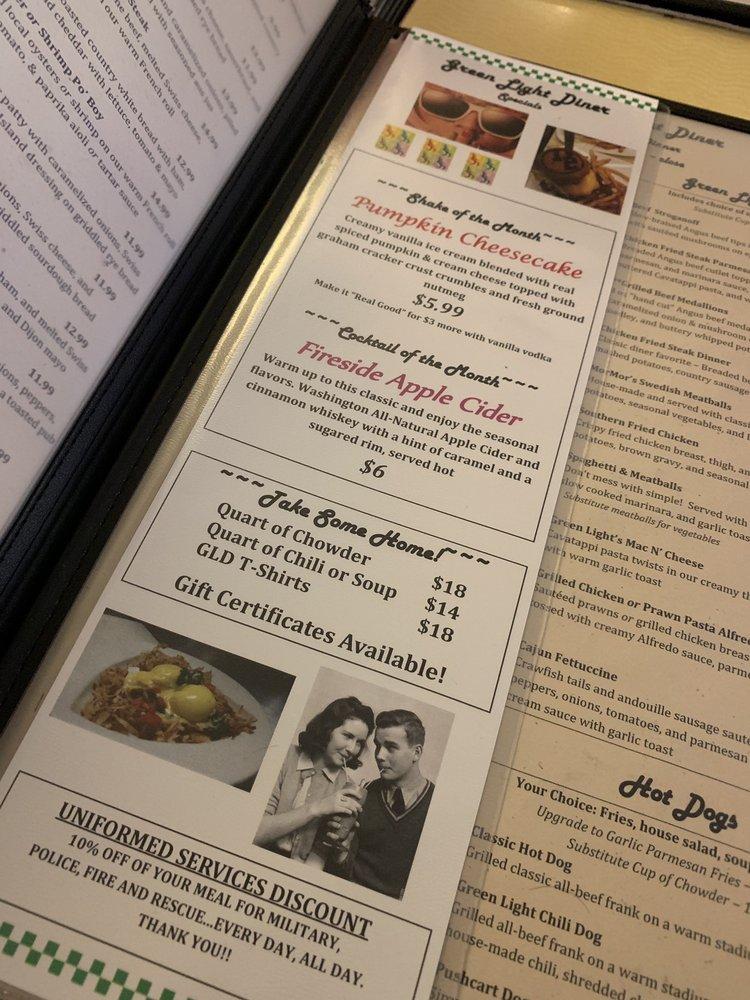 Menu at Green Light Diner restaurant, Poulsbo