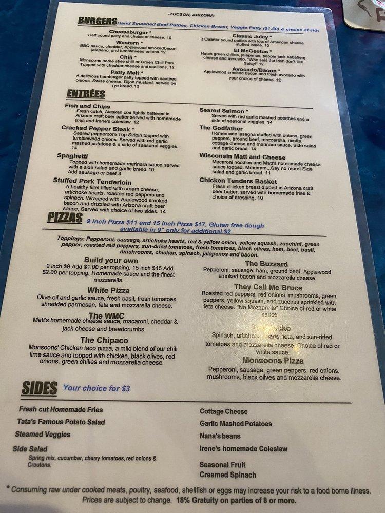 Menu at Monsoons Tap & Grill pub & bar, Tucson