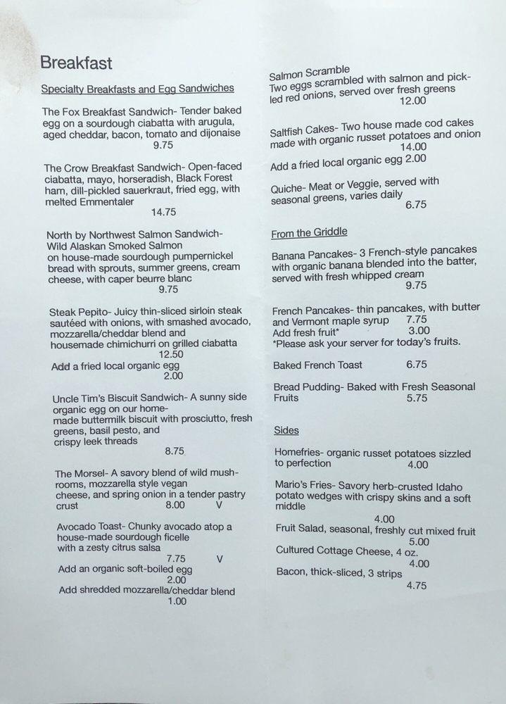 Menu at The Fox and Crow cafe, Wellfleet