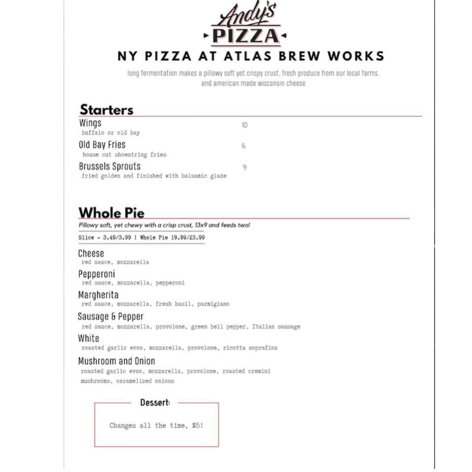 Menu at Atlas Brew Works pizzeria, Washington