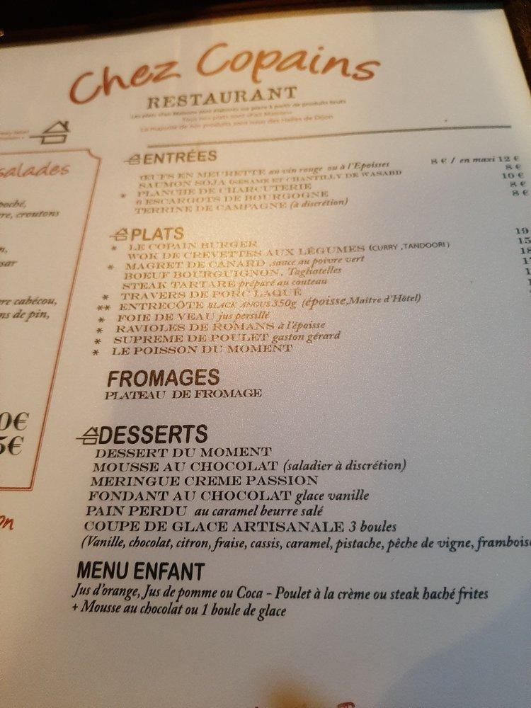 Menu at Chez Copains restaurant, Dijon, 10 Rue Quentin