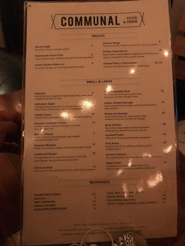 Menu at Communal Food And Drink pub & bar, South Pasadena