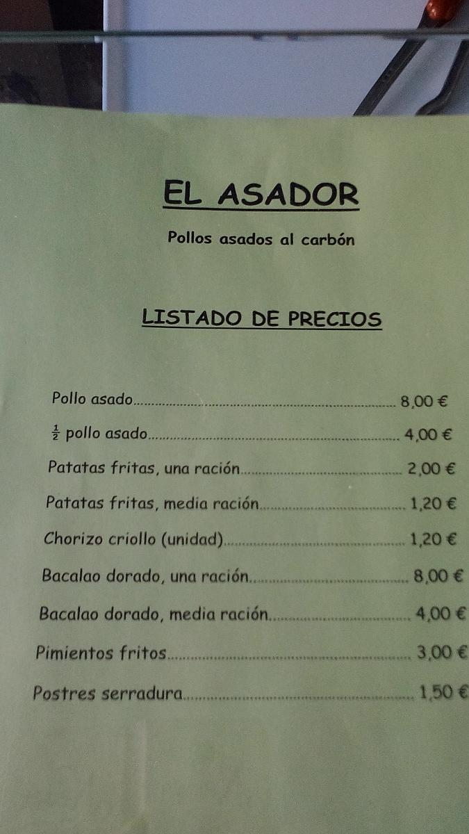 Menu at El Asador restaurant, Cáceres‎