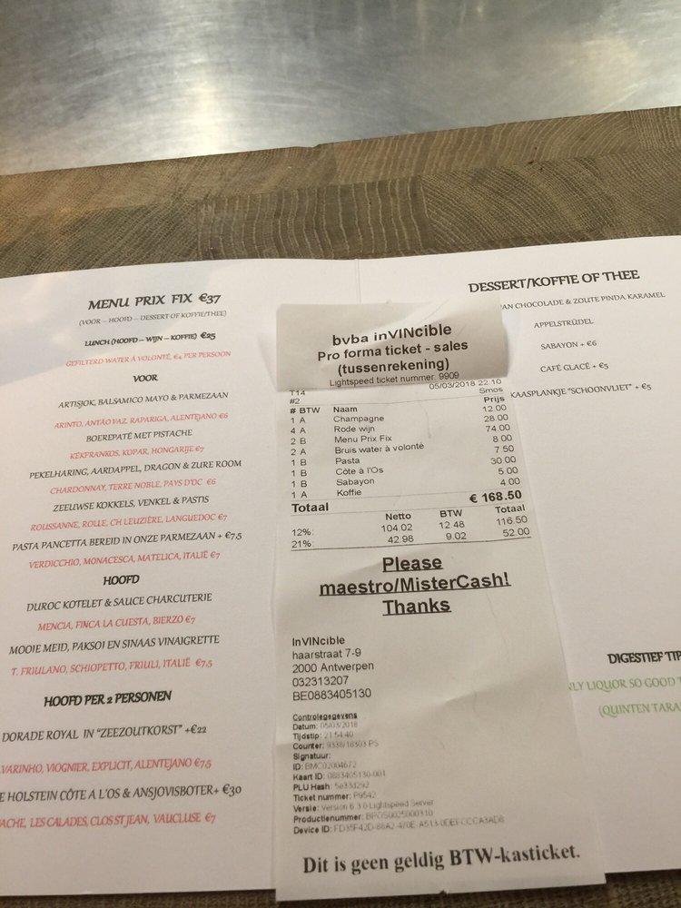 Speisekarte von Invincible, Antwerpen