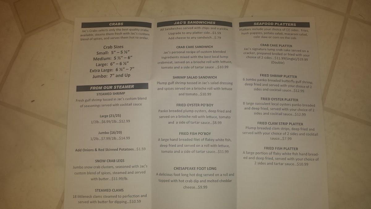 Menu at Jac's Crabs restaurant, Abingdon