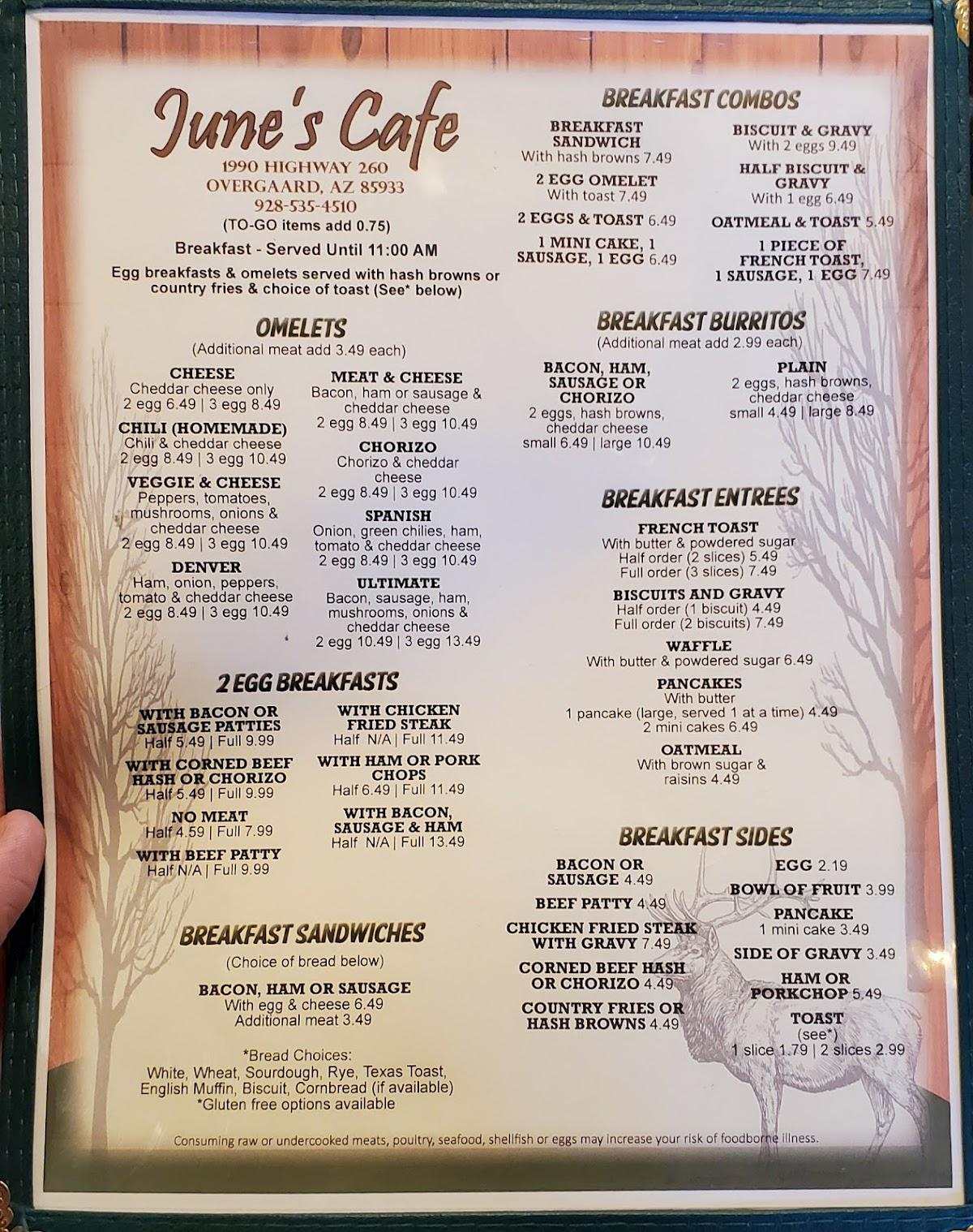 Menu at June's Cafe, Heber-Overgaard