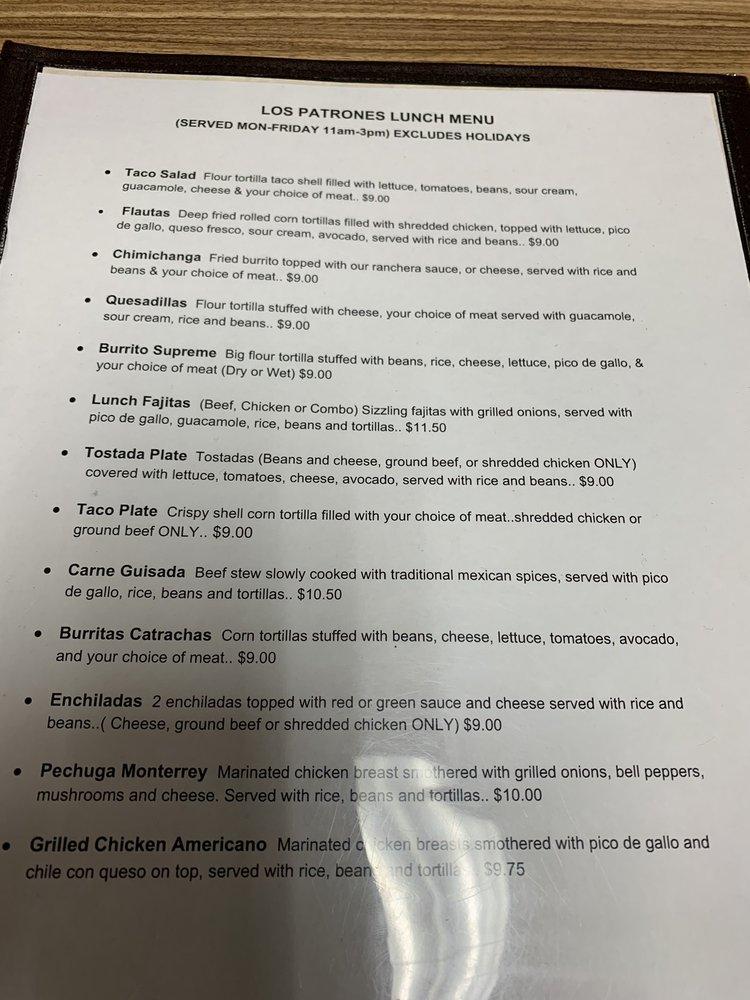 Menu at Los Patrones Fresh Mexican Cuisine restaurant, Galveston