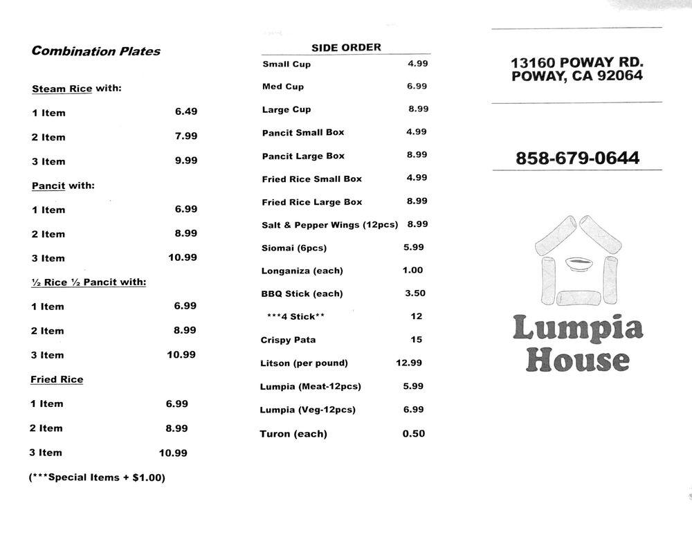 Menu at Lumpia House restaurant, Poway, Poway Rd