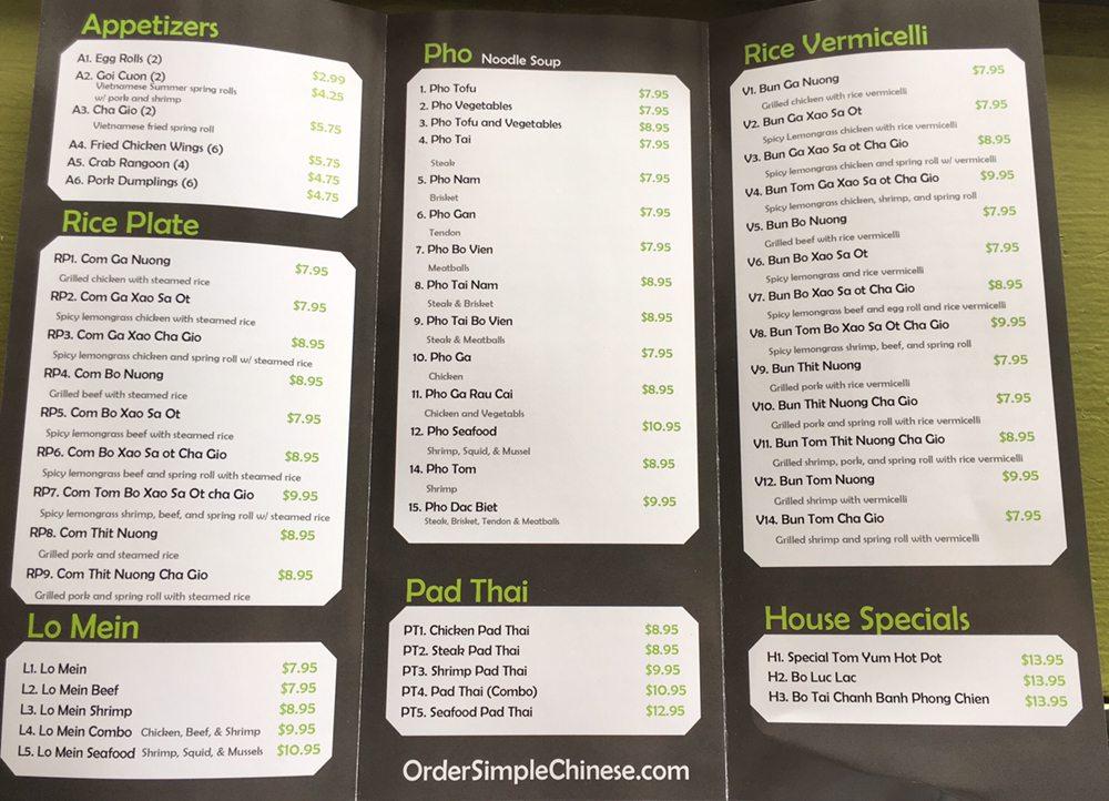 Menu at Simple Chinese restaurant, San Antonio