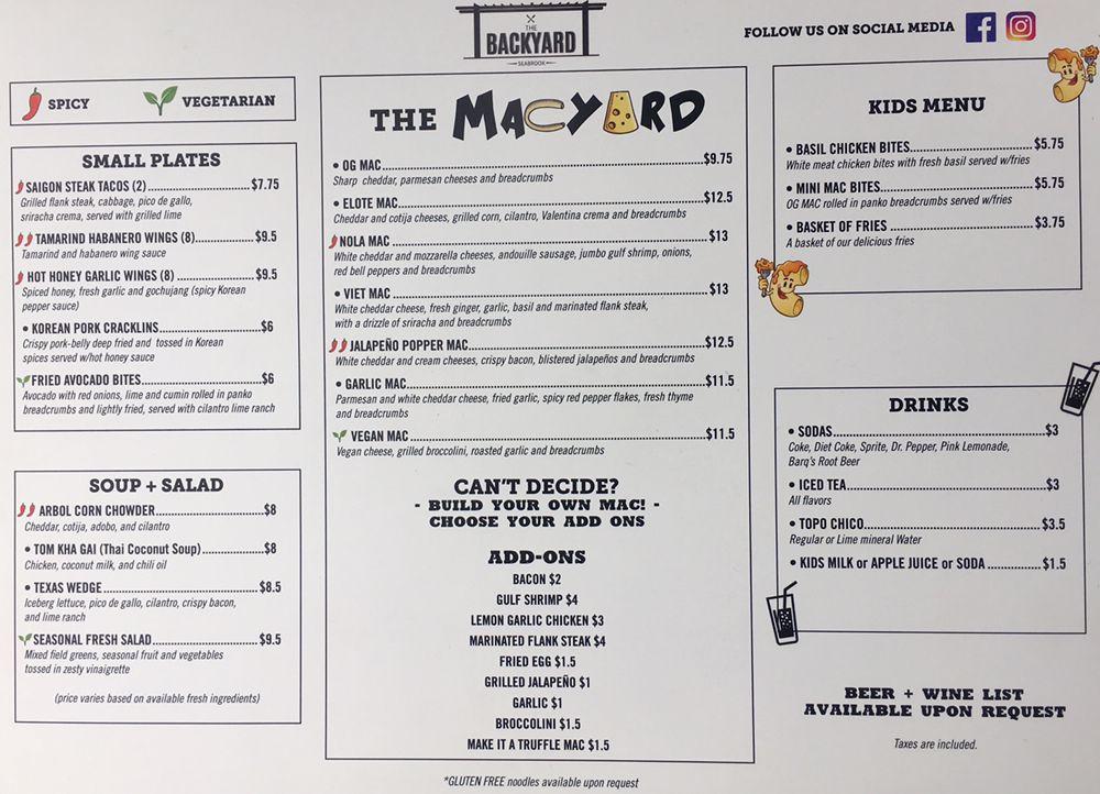Menu at The Backyard restaurant, Seabrook