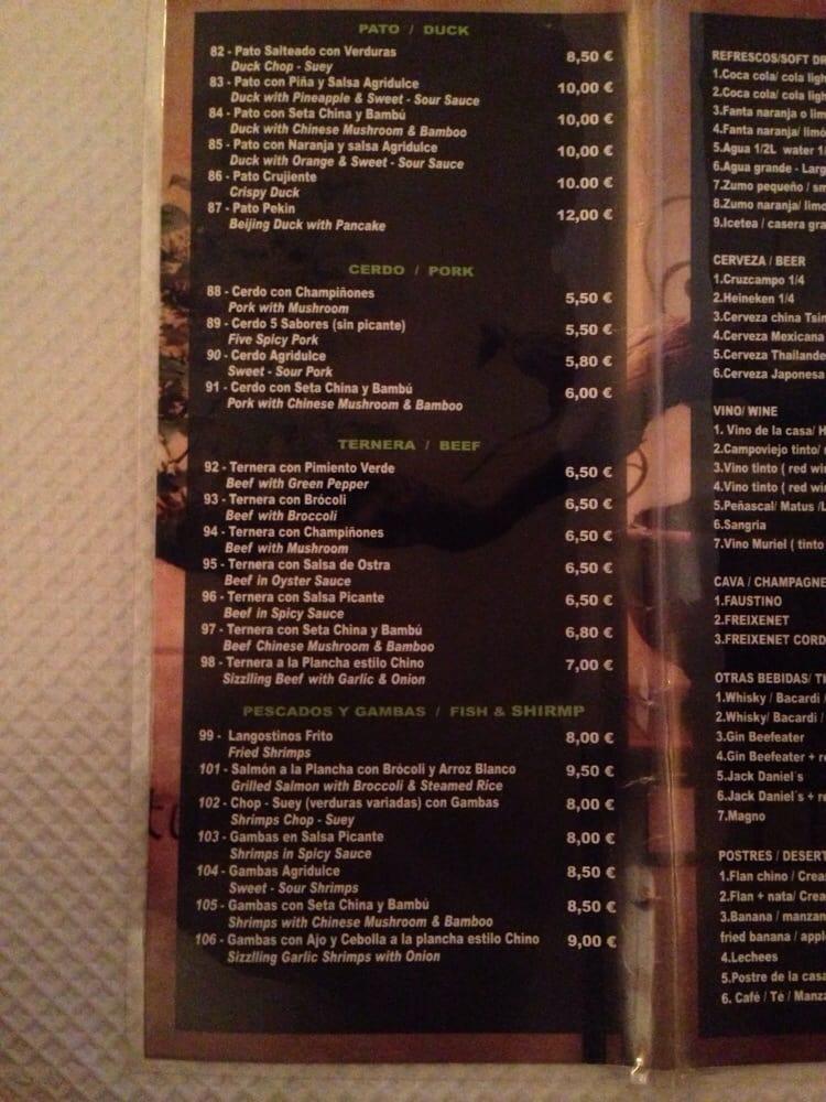 Menu at Zen restaurant, Rota