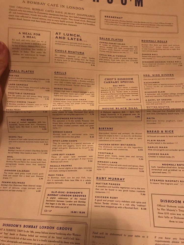 Menu at Dishoom Carnaby restaurant, London, 22 Kingly St