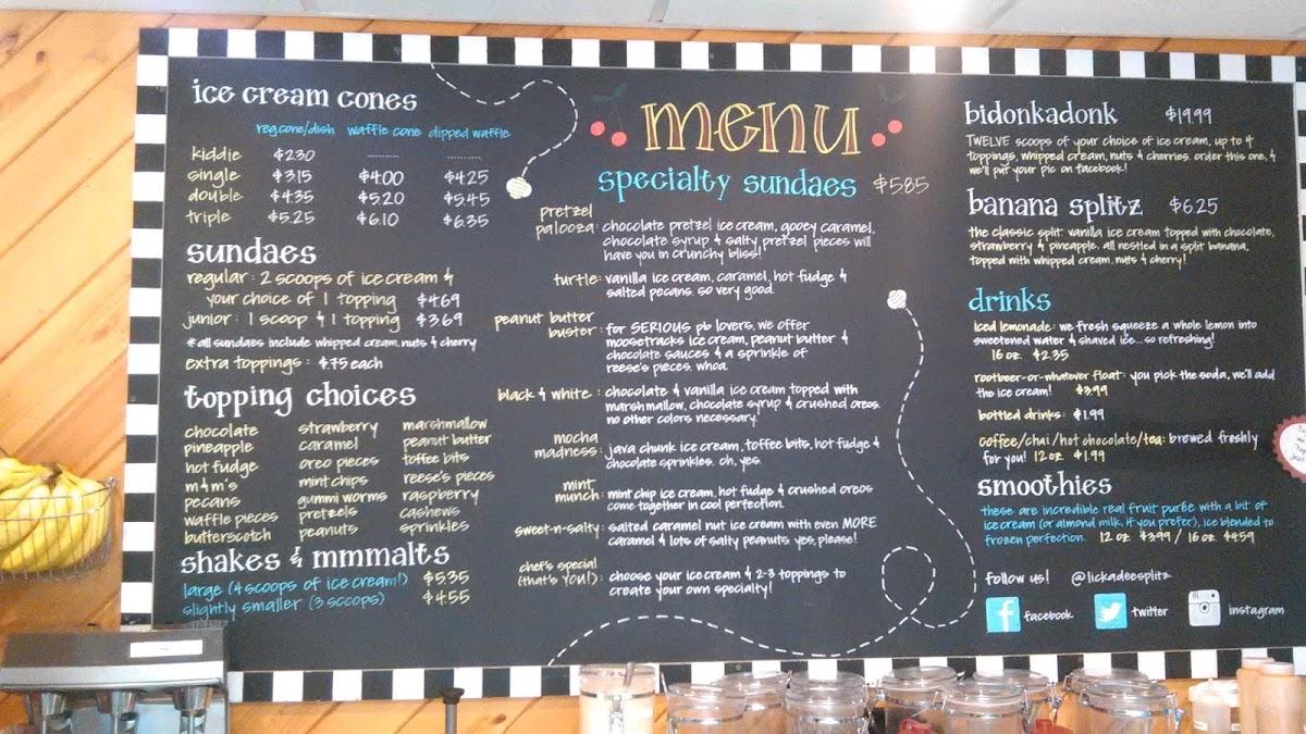 Menu at Lick-A-Dee Splitz, Three Lakes