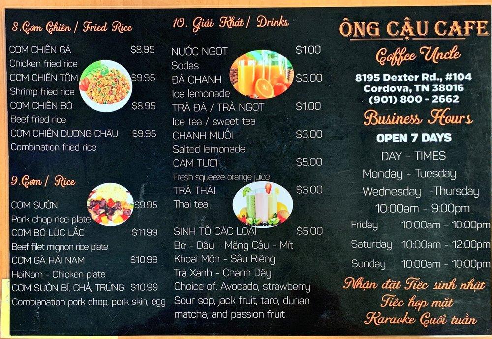 Menu at Ong Cau Cafe, Memphis, Dexter Rd Ste 104