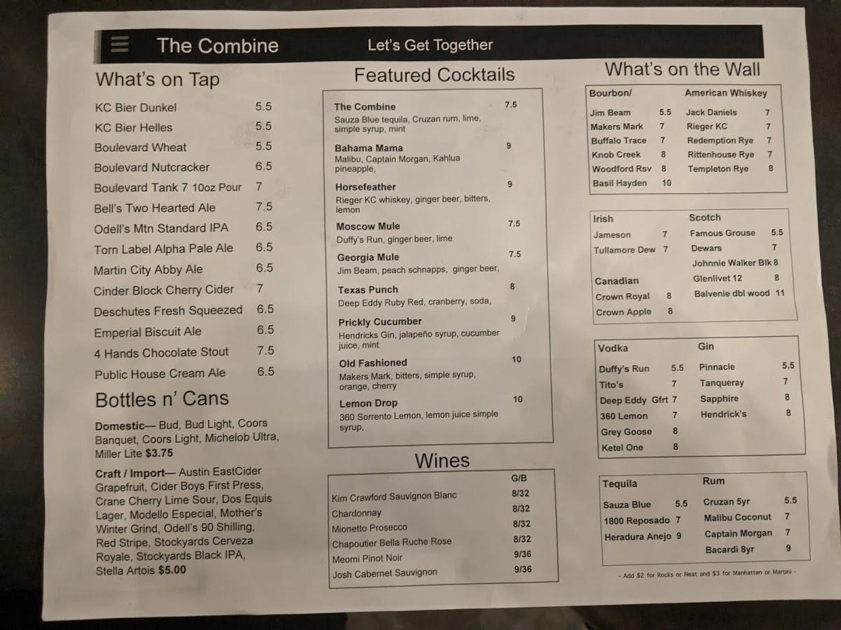 Menu at The Combine pub & bar, Kansas City