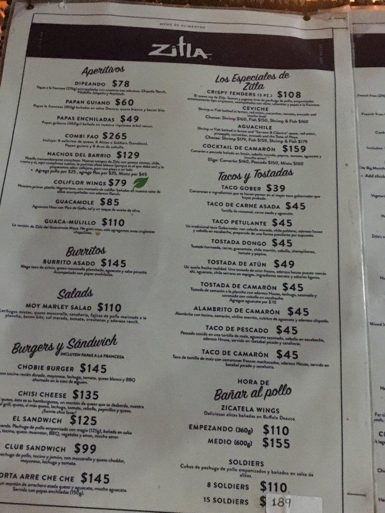 Menu at Zitla Playa restaurant, Playa del Carmen
