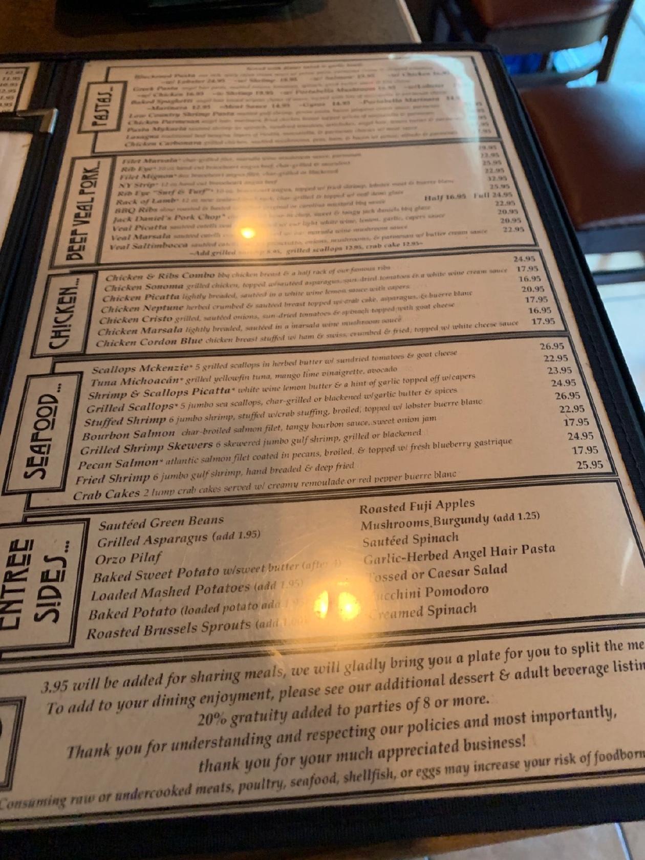 Menu at Adams Bistro steakhouse, Greenville