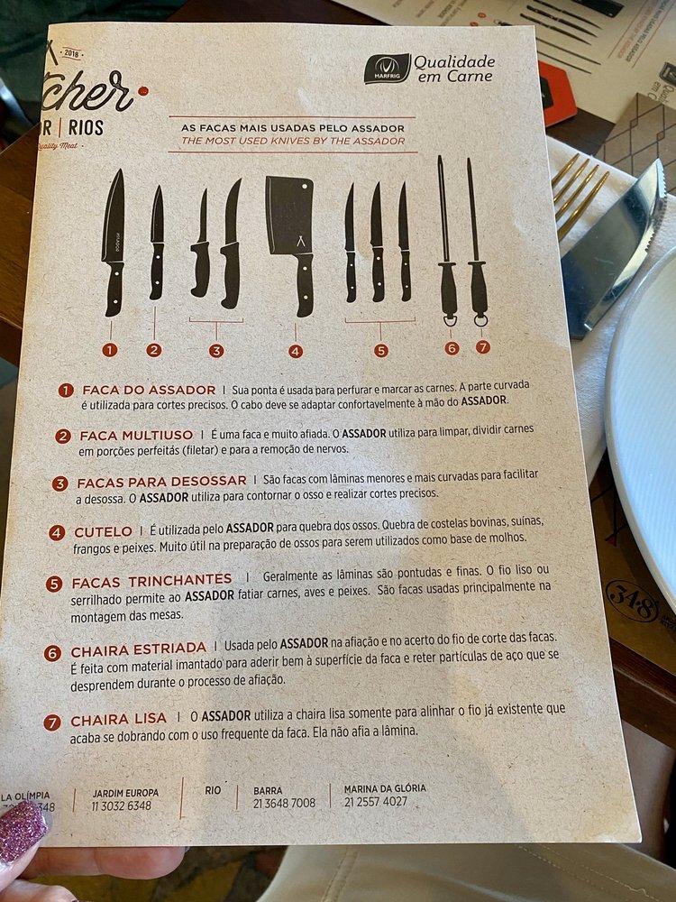 Menu at Assador Rio's steakhouse, Rio de Janeiro