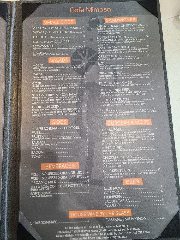 Menu at Cafe Mimosa, Petaluma