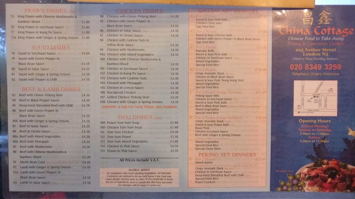 Menu at China Cottage fast food, London, 225 Nether St