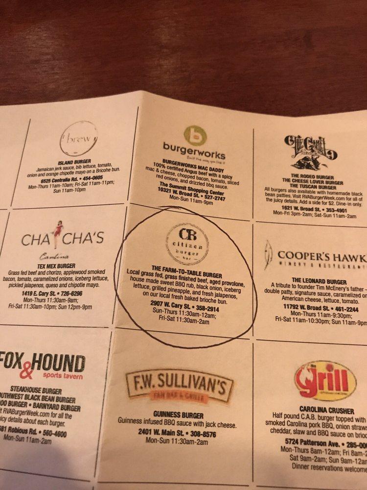 Menu at Citizen Burger Bar, Richmond
