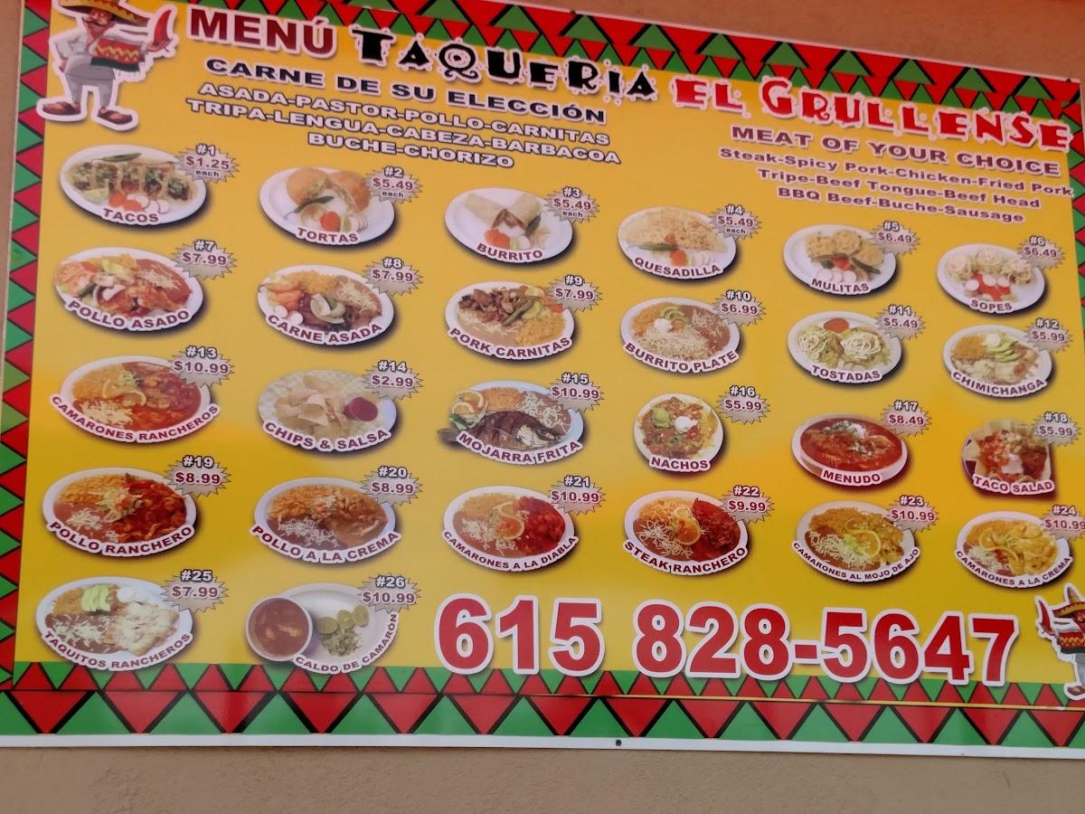 Menu at El Grullense Taqueria restaurant, Hendersonville