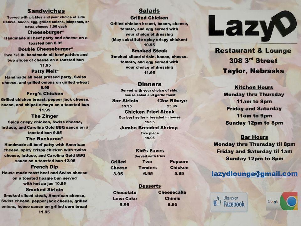 Menu at Lazy D Restaurant and Lounge, Taylor
