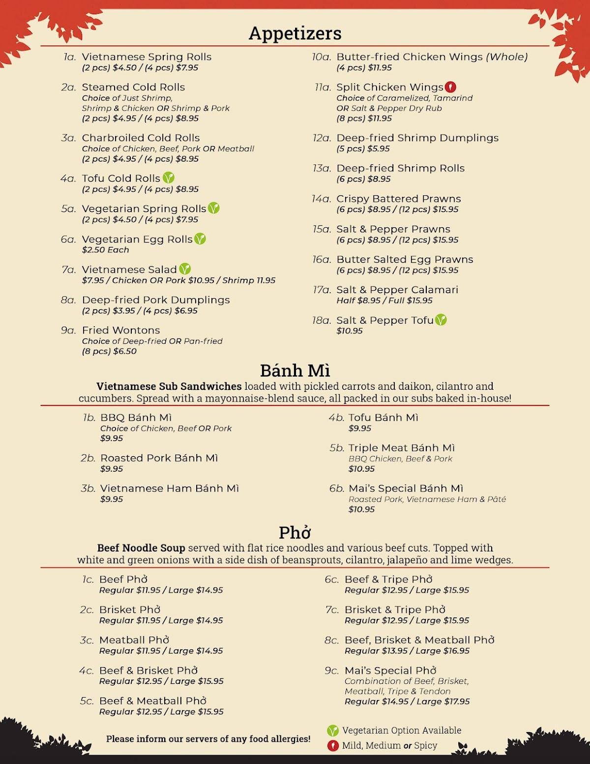 Menu at Mai's Kitchen Vietnamese Cuisine restaurant, Saskatoon