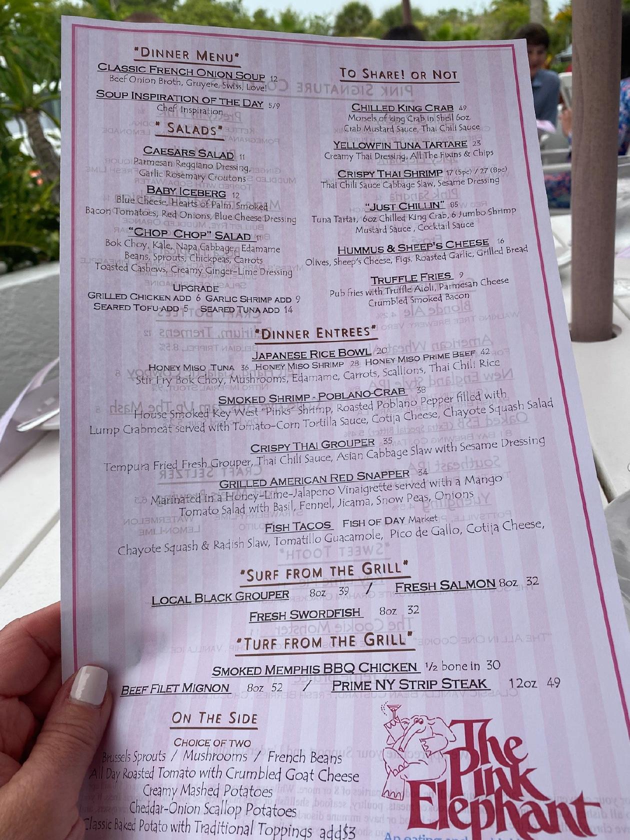 Menu at Pink Elephant pub & bar, Boca Grande