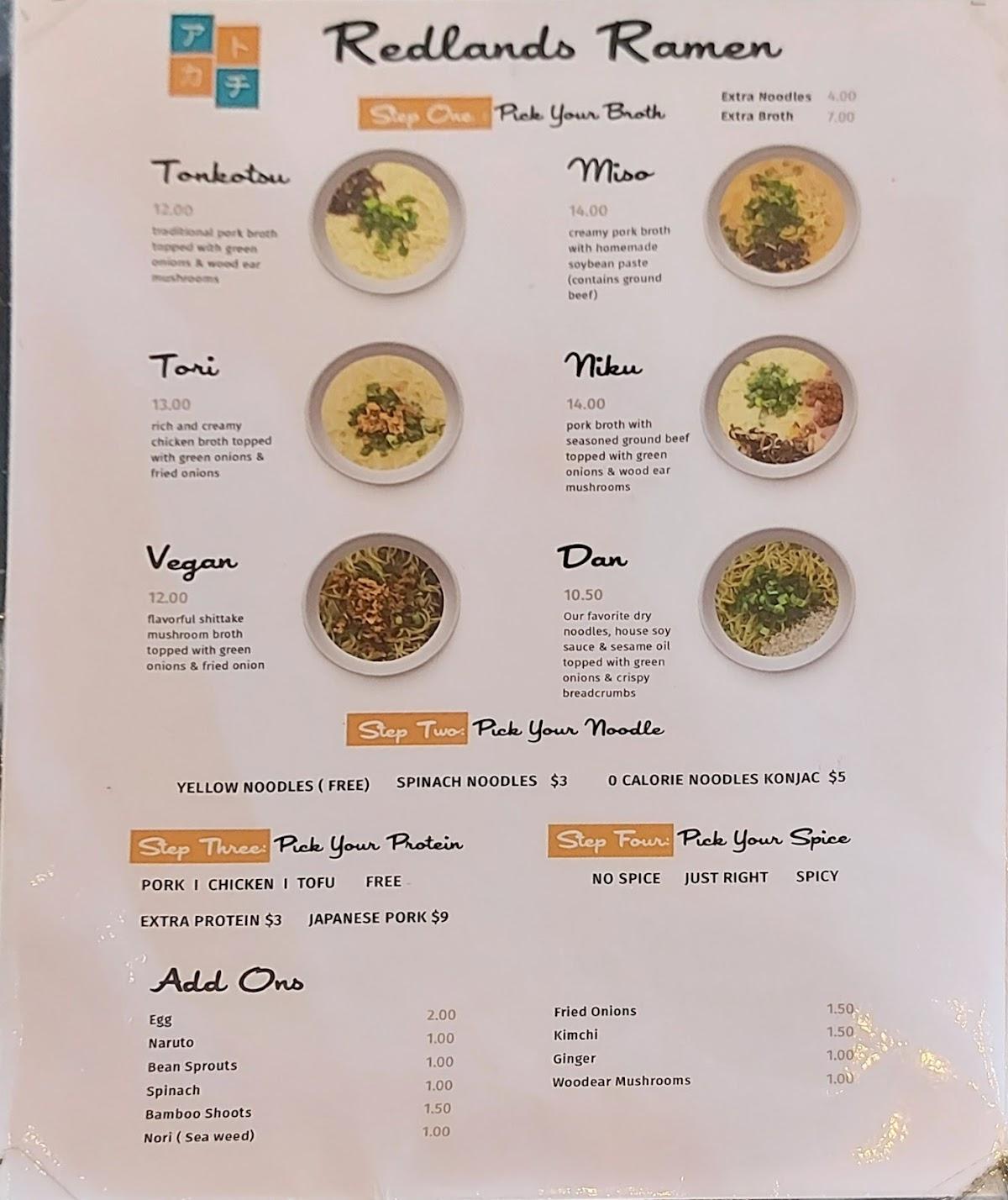 Menu at Redlands Ramen restaurant, Redlands