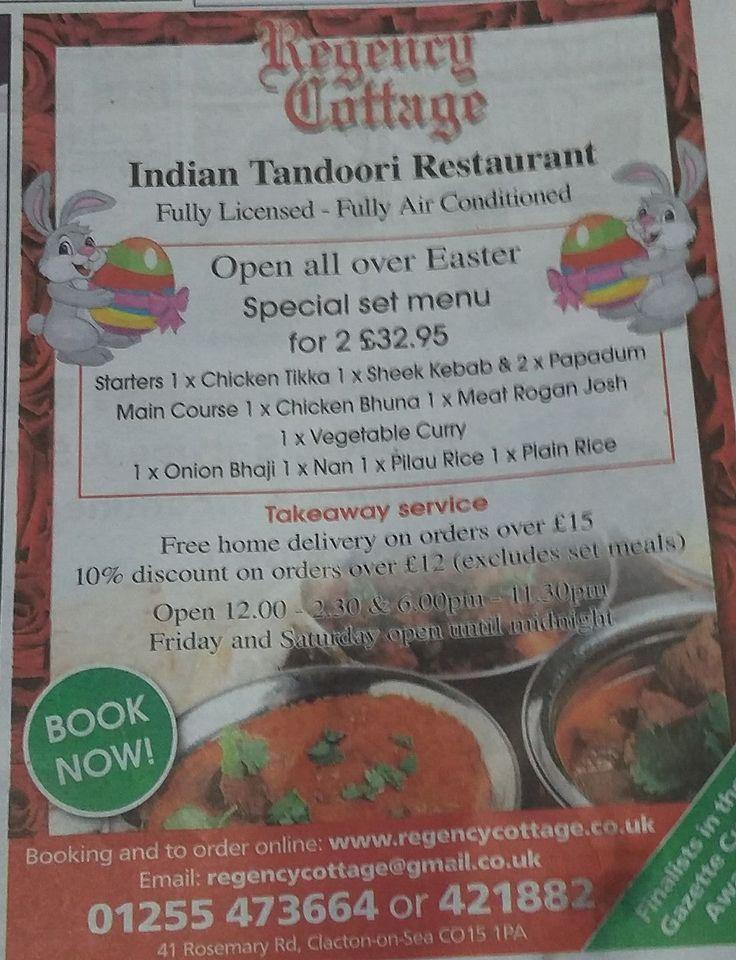 Menu at Regency Cottage restaurant, Clacton-on-Sea