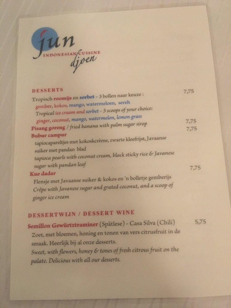 Menu at Restaurant Jun Indonesian Cuisine, Amsterdam