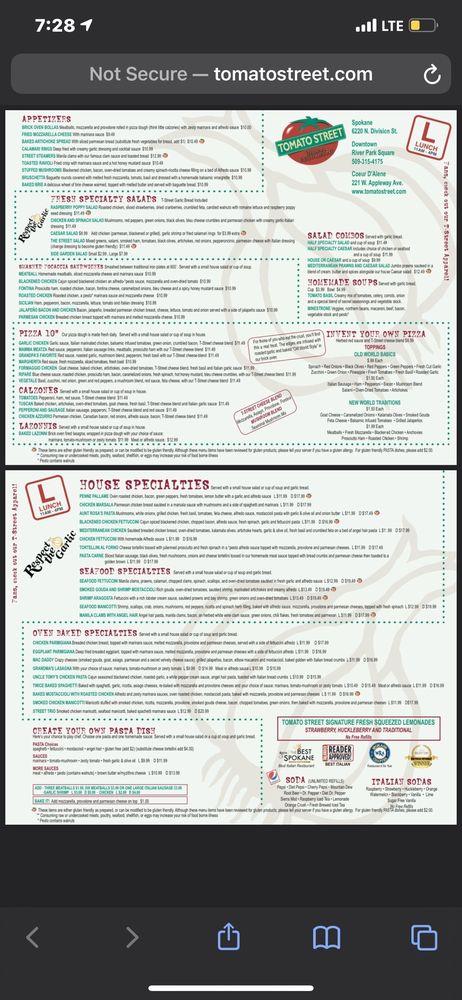 Menu at Tomato Street pizzeria, Coeur d'Alene