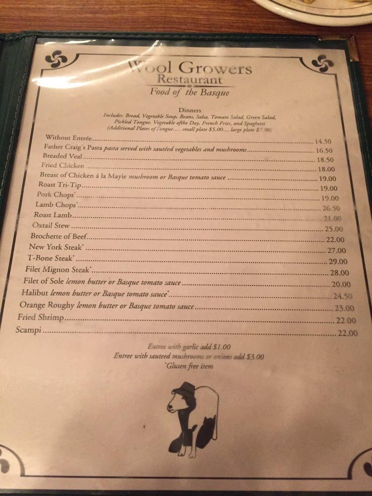 Menu at Wool Growers Restaurant, Bakersfield