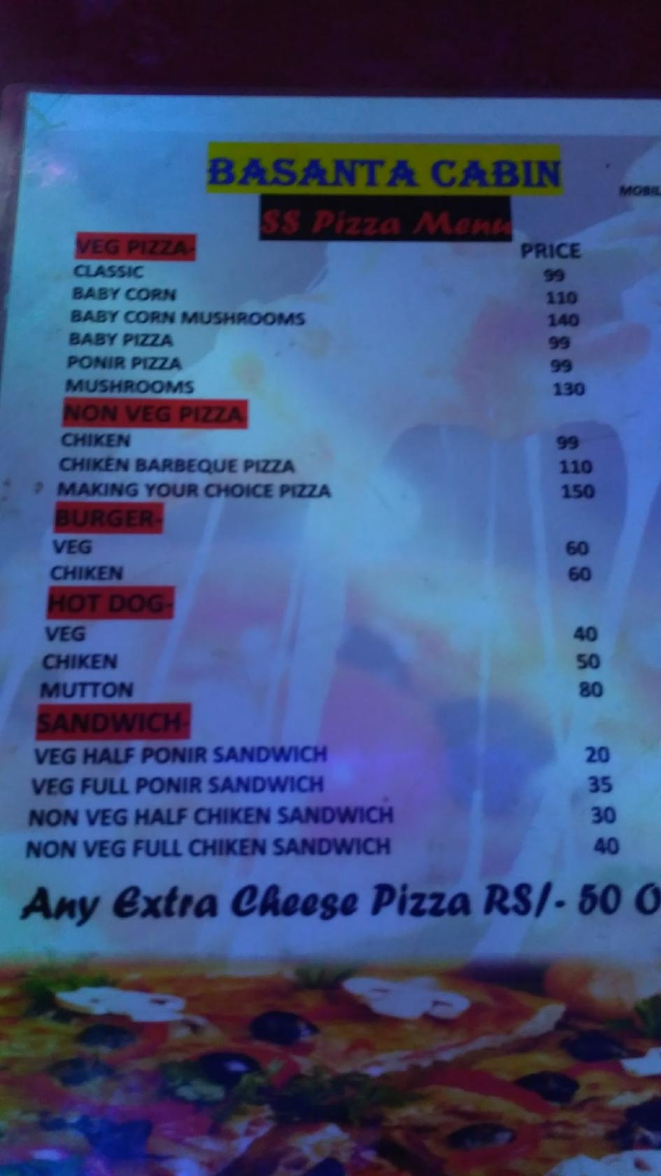 Menu at Zero (SS Pizza), Nabadwip