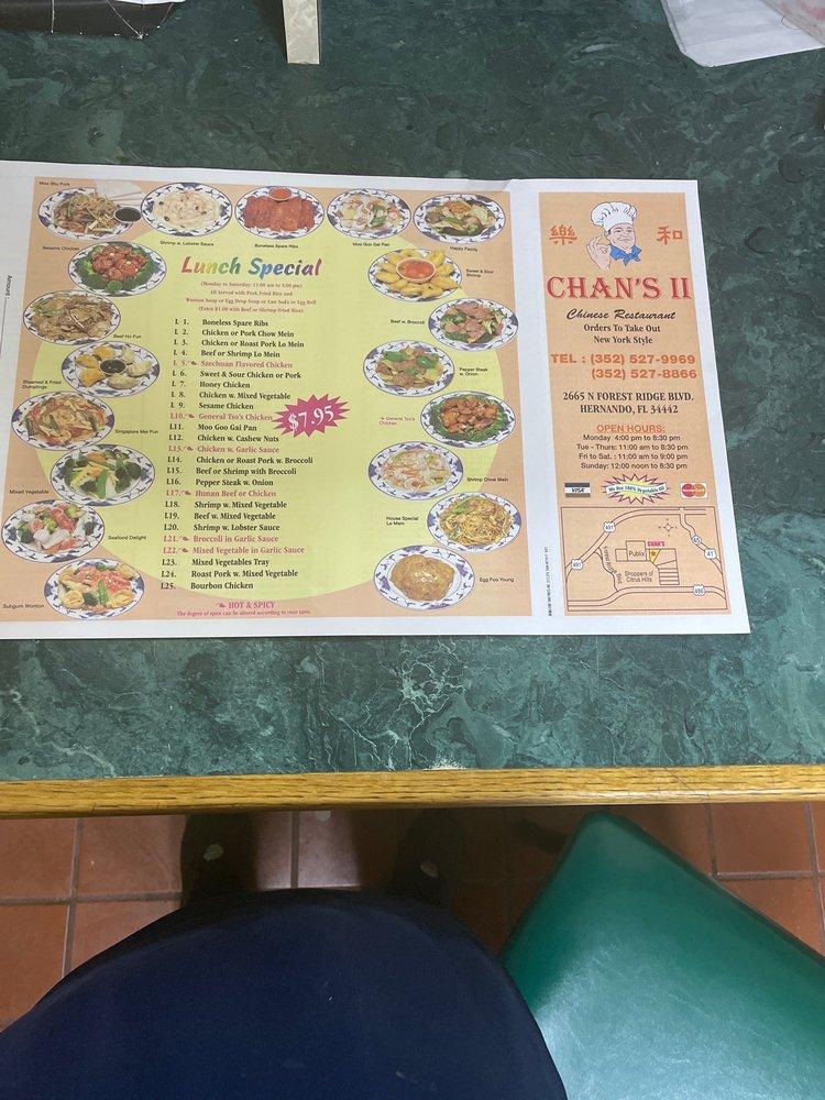 Menu at Chan's restaurant, Hernando