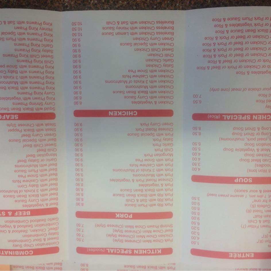 Carta de comida rápida Chen Chinese Kitchen Takeaway, Villawood