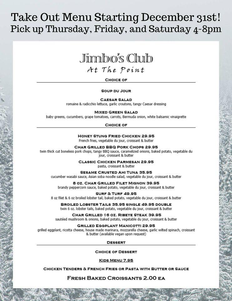 Menu at Jimbo's Club at the Point, Brant Lake
