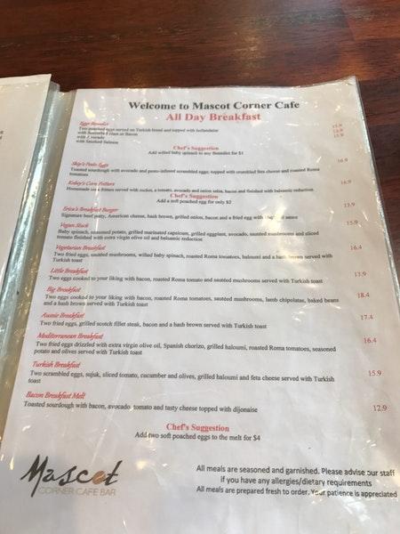Menu at Mascot Corner Cafe Bar, Mascot
