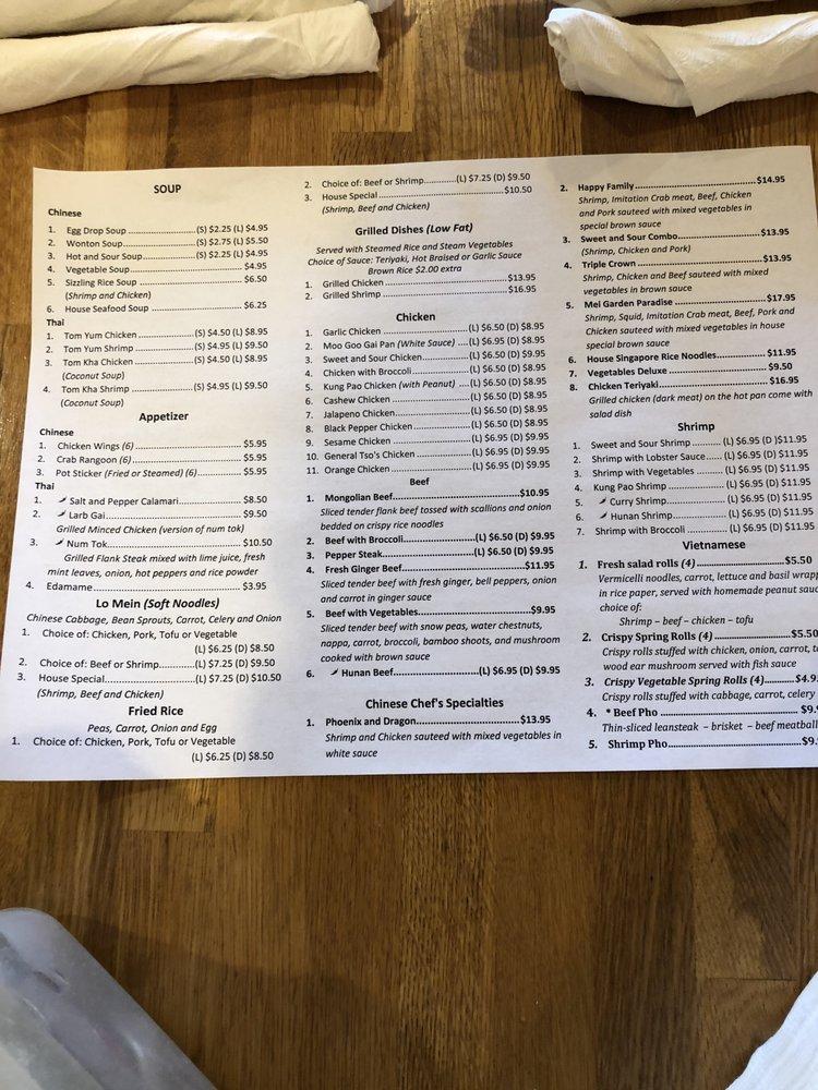 Menu at Mei Garden Asian fusion, Thai Vietnamese chinese food ...