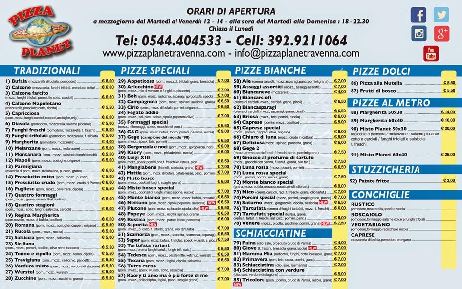 Menu da Pizza Planet pizzeria, Ravenna