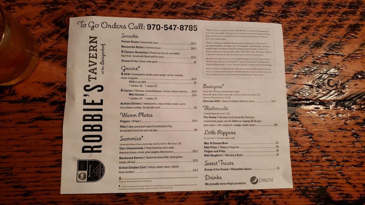 Carta del pub y bar Robbie's Tavern, Breckenridge